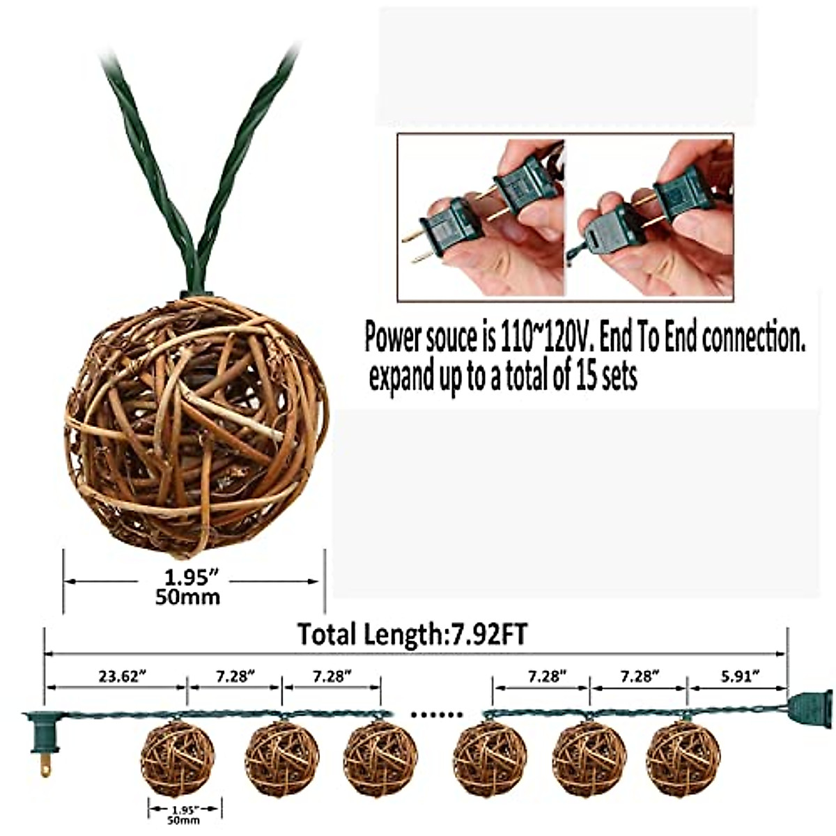 LIDORE 10 Counts Natural Rattan Balls String Light. Warm White Light for Patio, Wedding, Garden and Party Brown Rattan and Green Cord (Rattan)