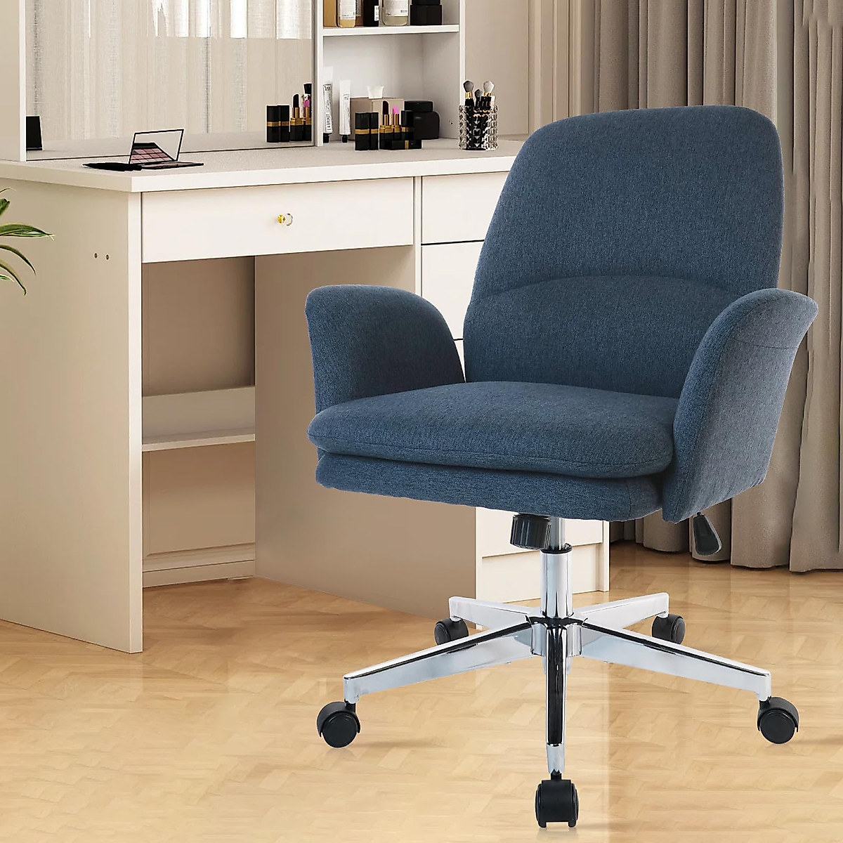 Novigo Set of 2 Accent Swivel Rolling Chair Adjustable Height Mid Back Dining Room Desk Chair with Upholstered Armrests Comfy Back Support Vanity Chair for Office Bedroom,Blue