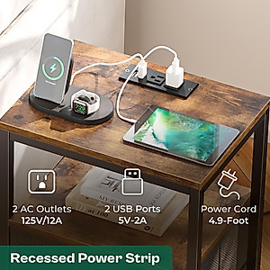 Huuger Nightstands Set of 2, End Tables with Charging Station, Side Tables with Fabric Drawers, Bedside Tables with USB Ports and Outlets, Night Stands for Bedroom, Rustic Brown and Black