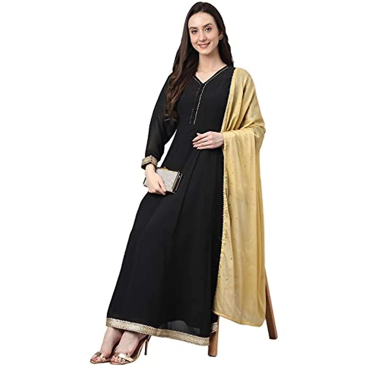 Janasya Indian Women's Black Georgette Solid Kurta with Dupatta(SET578-KR-DPT-A-L)