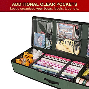 CGBE Wrapping Paper Storage for 40 Inch Gift Wrap Storage Container Bag with Pockets Underbed Gift Wrap Organizer Bags, Wrapping Paper Rolls, Ribbon, and Bows 42W x 14D x 5H -Green (Not Include Gift-Only Bag)