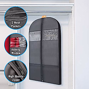 Plixio 54" Black Garment Bags for Travel or Hanging Clothes Storage - Suit Bags Carriers Covers for Men & Women - Dresses, Shirts, Fur Coats, Jackets - Zippered Breathable Gusset Clothing Storage Bags