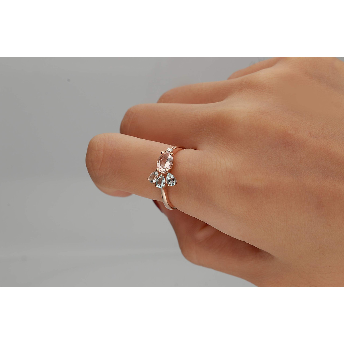 Gin & Grace 10K Rose Gold Genuine Aquamarine & Morganite Ring with Diamonds for Women | Ethically, authentically & organically sourced (Oval & Pear) Shaped Aquamarine Hand-Crafted Jewelry for her