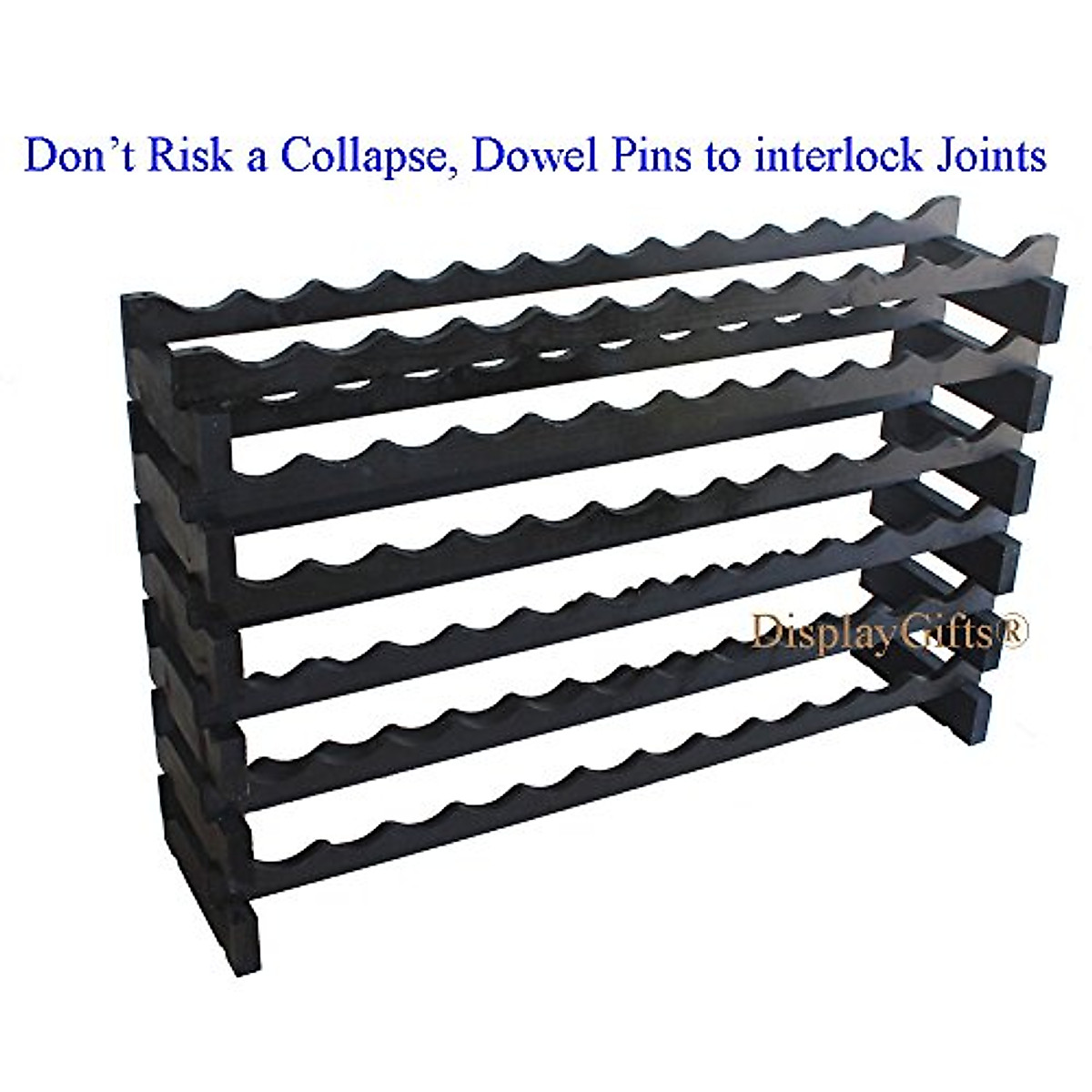 DisplayGifts Pine Wooden Wine Holder Stackable Modular Display Shelves Wine Rack Storage Stand Thick Wood Black 12 X 12 Rows 144 Slots