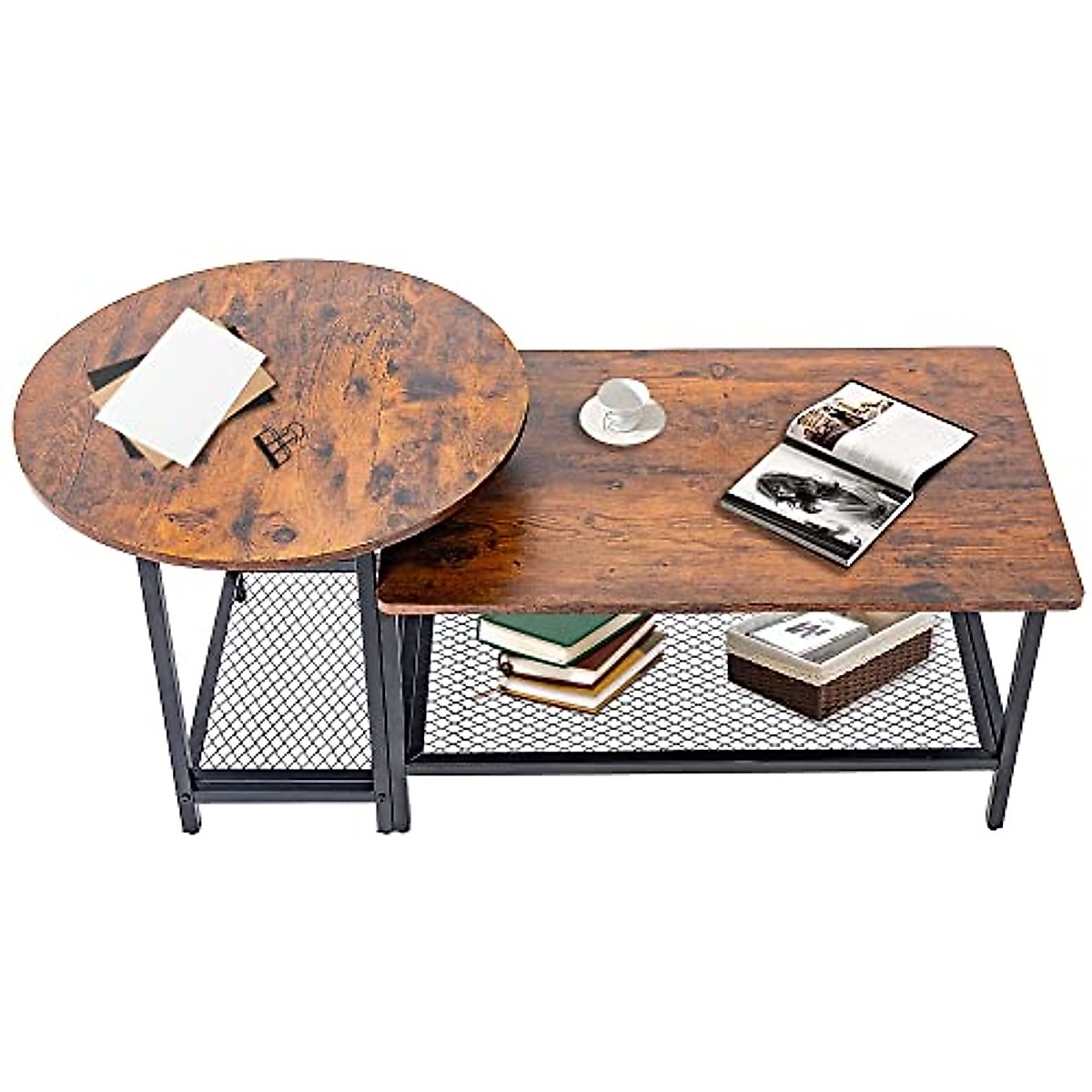 BETTAHOME 2 Piece Industrial Coffee Table Set, Detachable Nesting Rectangular and Round Side Table with Storage Shelf, Ideal for Living Room, Small Spaces Rustic Brown BT003