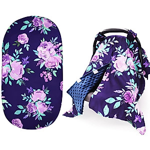 Baby Car Seat Cover and Newborn Bassinet Sheet,Purple Flower Baby Sheet Peekaboo Opening Minky Carseat Canopy for Girl