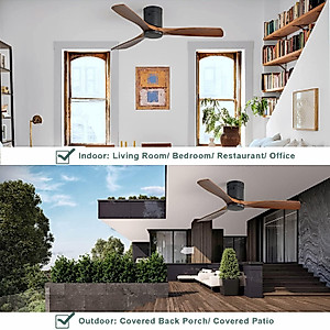 CACI Mall 52 Inch Ceiling Fan with Remote Control, Low Profile Flush Mount Ceiling Fan without Light, 3 Walnut Wood Ceiling Fan No Light, Noiseless Reversible ETL DC Motor with Timer