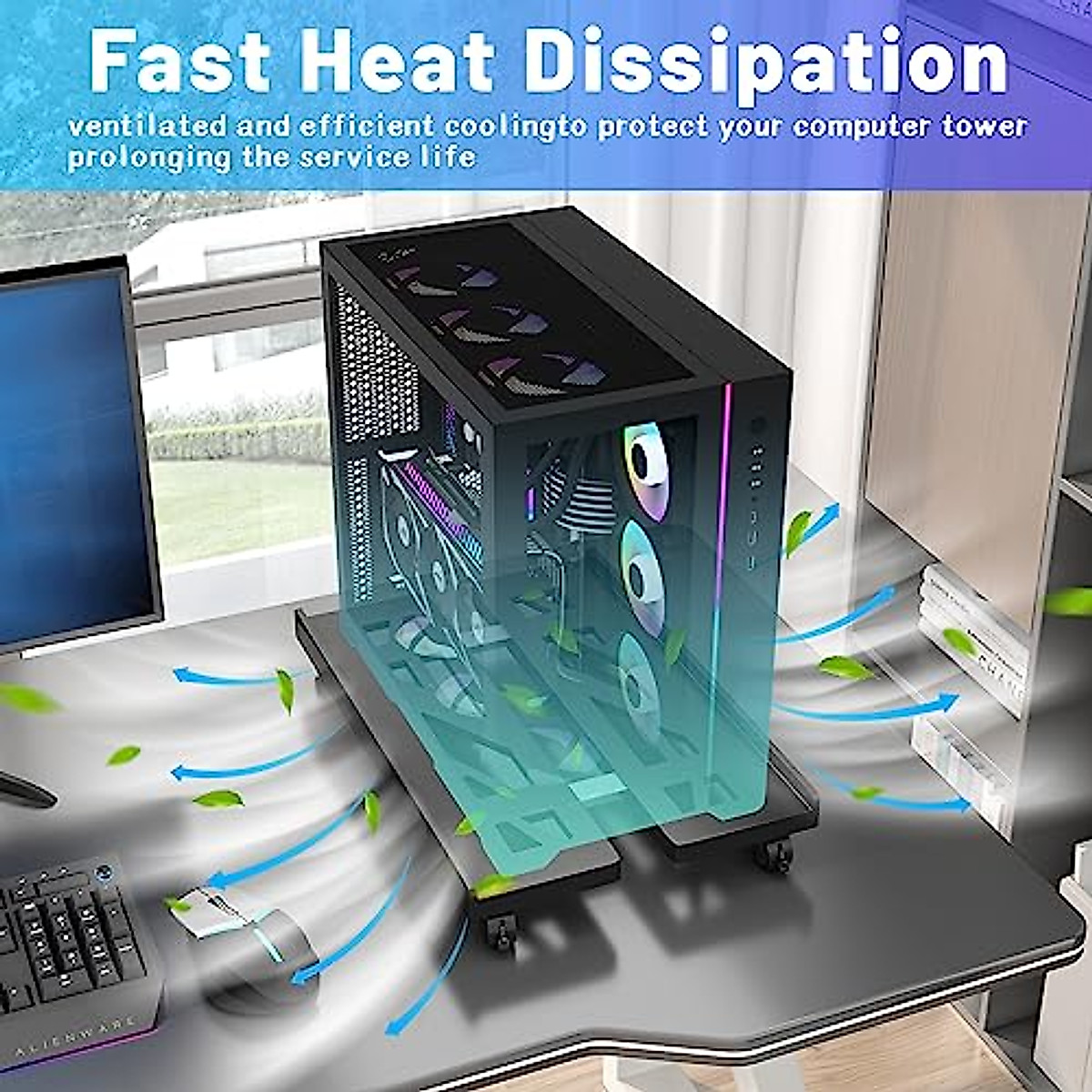 Mobile CPU Stand, CPU Rolling Stand Adjustable Computer Mobile Cart Holder with Locking Caster Wheels PC Stand - Black