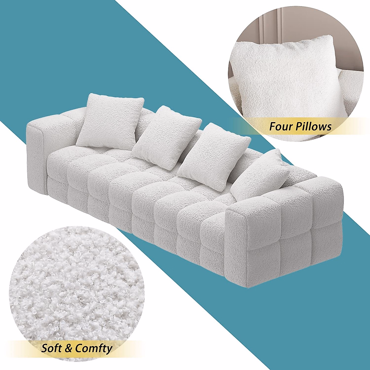 FAMAPY Cloud Sofa Couch for Living Room, Bubble Sofa Couch Upholstered Modern Contemporary Couch, Solid Wood Legs, White (100.8”W x 37.8”D x 20.5”H)