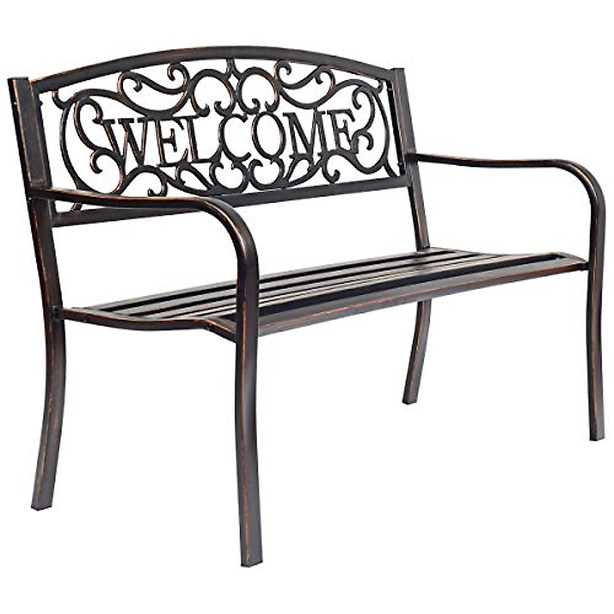 Giantex Garden Bench, Antique Metal Outside Bench w/Warm Welcome Pattern, Elegant Bronze Finish and Durable Metal Frame for Park Yard Porch Chair (Bronze)