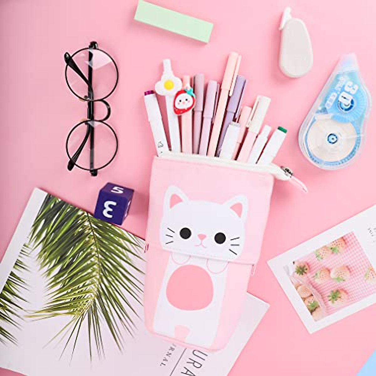iSuperb Cute Pencil Case Standing Pen Holder Cat Pencil Bag Cartoon Pen Box Kawaii Pencil Pouch Big Makeup Cosmetics Bag with Zipper for Office Organizer Travel Storage Women Men