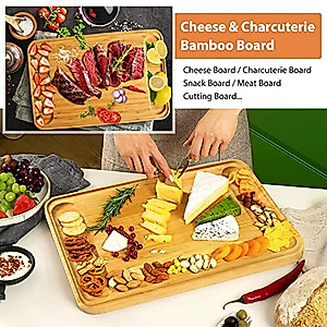 Bamboo Cheese Board, 5 Piece Large Charcuterie Boards and Knife Set - House Warming Gifts New Home, Wedding Gifts for Couple, Party Serving Platter, Anniversary Birthday Christmas Present for Women