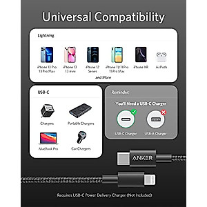 Anker New Nylon USB-C to Lightning Charging Cord for [6ft MFi Certified] for iPhone 13 13 Pro 12 Pro Max 12 11 X XS XR 8 Plus, AirPods Pro, Supports Power Delivery (Black)