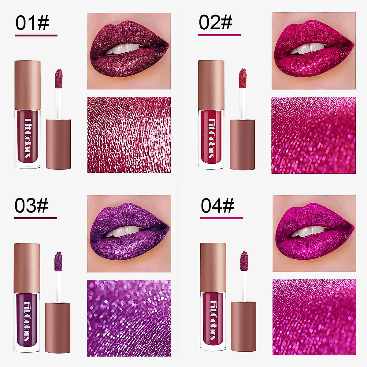 4 Colors Glitter Lipsticks Diamond Shimmer Metallic Lip Stick Set Kit Long Lasting, Purple Red Matte to Glitter Sparkle Sparkly Glossy Liquid Lipstick Lip Gloss Set for Women Lips Make up