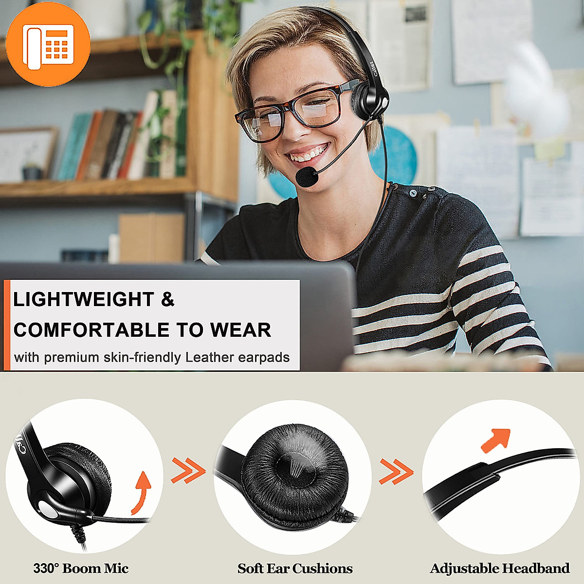 Phone Headset with Microphone Noise Cancelling, Call Center Telephone Headset with RJ9 Jack, Work for Avaya 1408 9508 1416 Shoretel 230 480 Mitel 5220 Polycom NEC Allworx Zultys Aastra Landline Phones