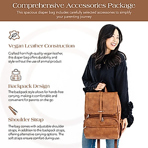 Citi Collective Navigator Saddle Brown Diaper Bag Backpack -Premium Vegan Leather- Compact Spacious Design With Insulated Pockets and Stroller Clips