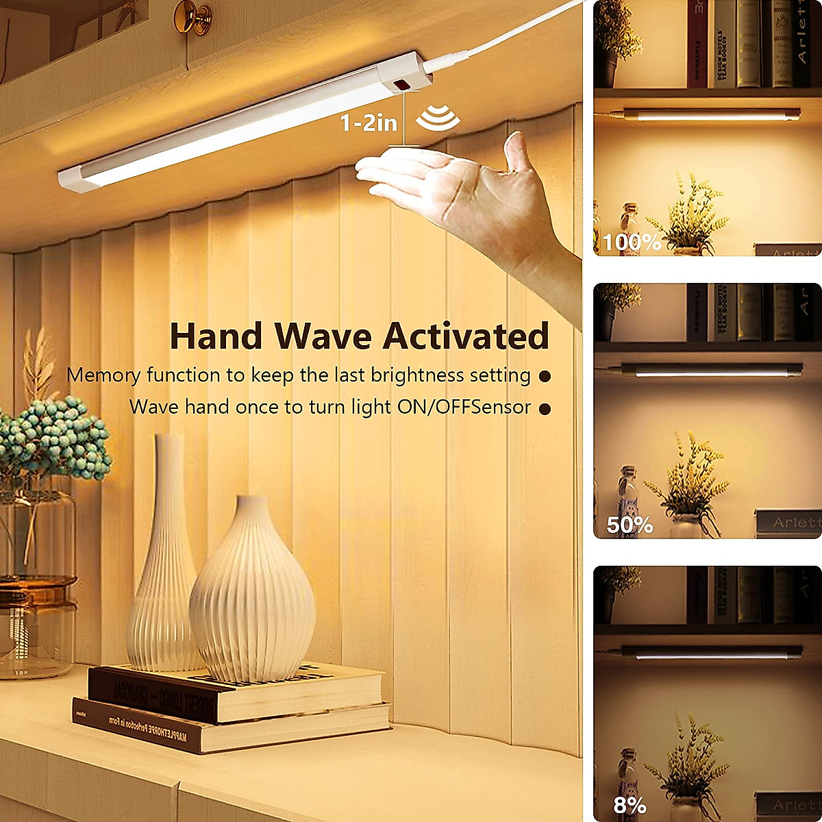 WOBANE Under Cabinet Lighting, Plug in LED Light Bar with ETL Adapter, Hand Wave Activated, 12” Cabinet Light Kit for Kitchen,Shelf,Bookcase,Display,Counter, 2700K Warm White,Dimmable,1 Panel