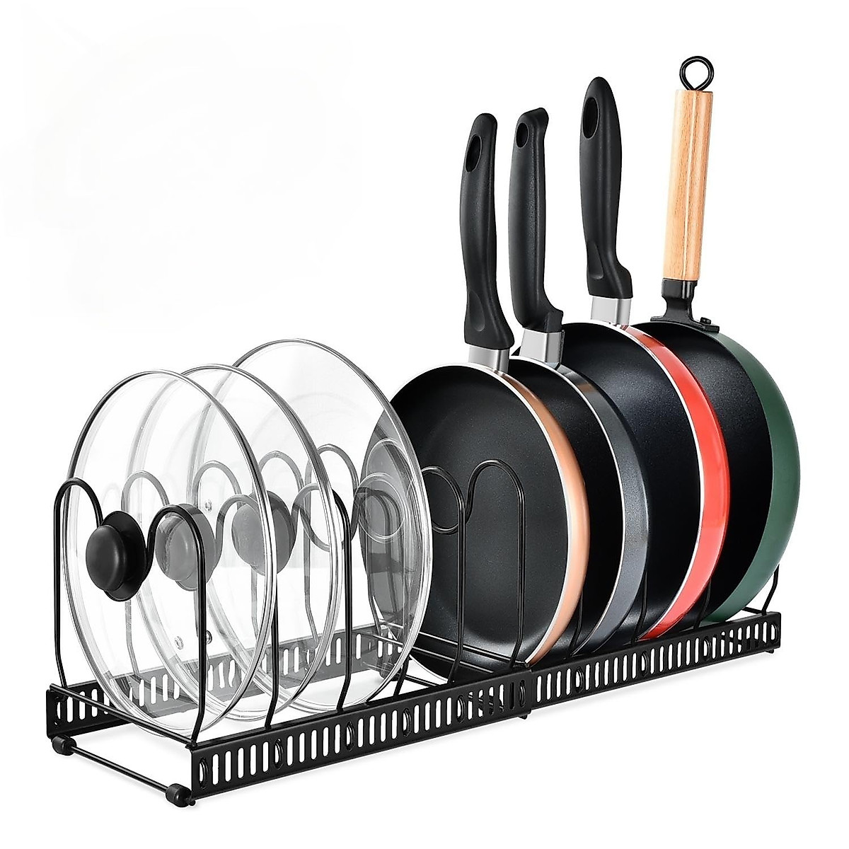 aceyoon Expandable Pots and Pans Organizer Under Cabinet with 10 Adjustable Compartment, Kitchen Pot Lid Organizer, Pan Rack Holder for Kitchen Cabinet Pantry Cookware Baking Frying Rack