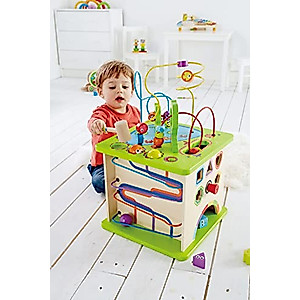 Country Critters Wooden Activity Play Cube by Hape | Wooden Learning Puzzle Toy for Toddlers, 5-Sided Activity Center with Animal Friends, Shapes, Mazes, Wooden Balls, Shape Sorter Blocks and More, 13.78 x 13.78 x 19.69 inches