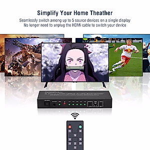 ROOFULL 5 Port 4K@60Hz HDMI Switch with Optical & 3.5mm AUX Audio Out, 5 in 1 Out HDMI 2.0 Switch Audio Extractor with Remote, Support ARC, HDR 10, HDCP 2.2, 18Gbps, Dolby Vision/Atmos, 3D, 1080P