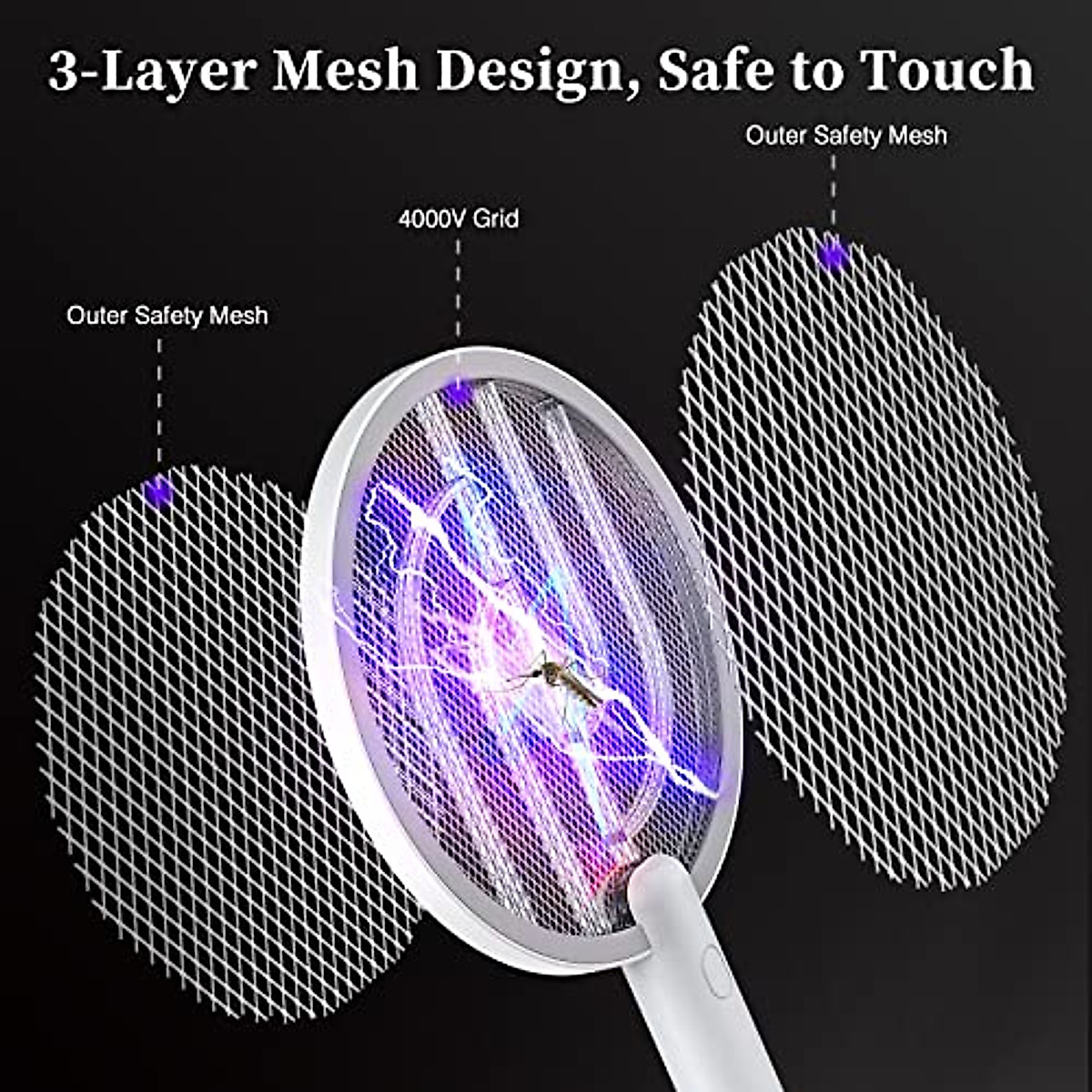 TMACTIME Electric Fly Swatter 4000V Bug Zapper Racket 2 in 1 Fly Zapper with USB Rechargeable Base and 3-Layer Safety Mesh for Bedroom Kitchen Patio and Outdoors