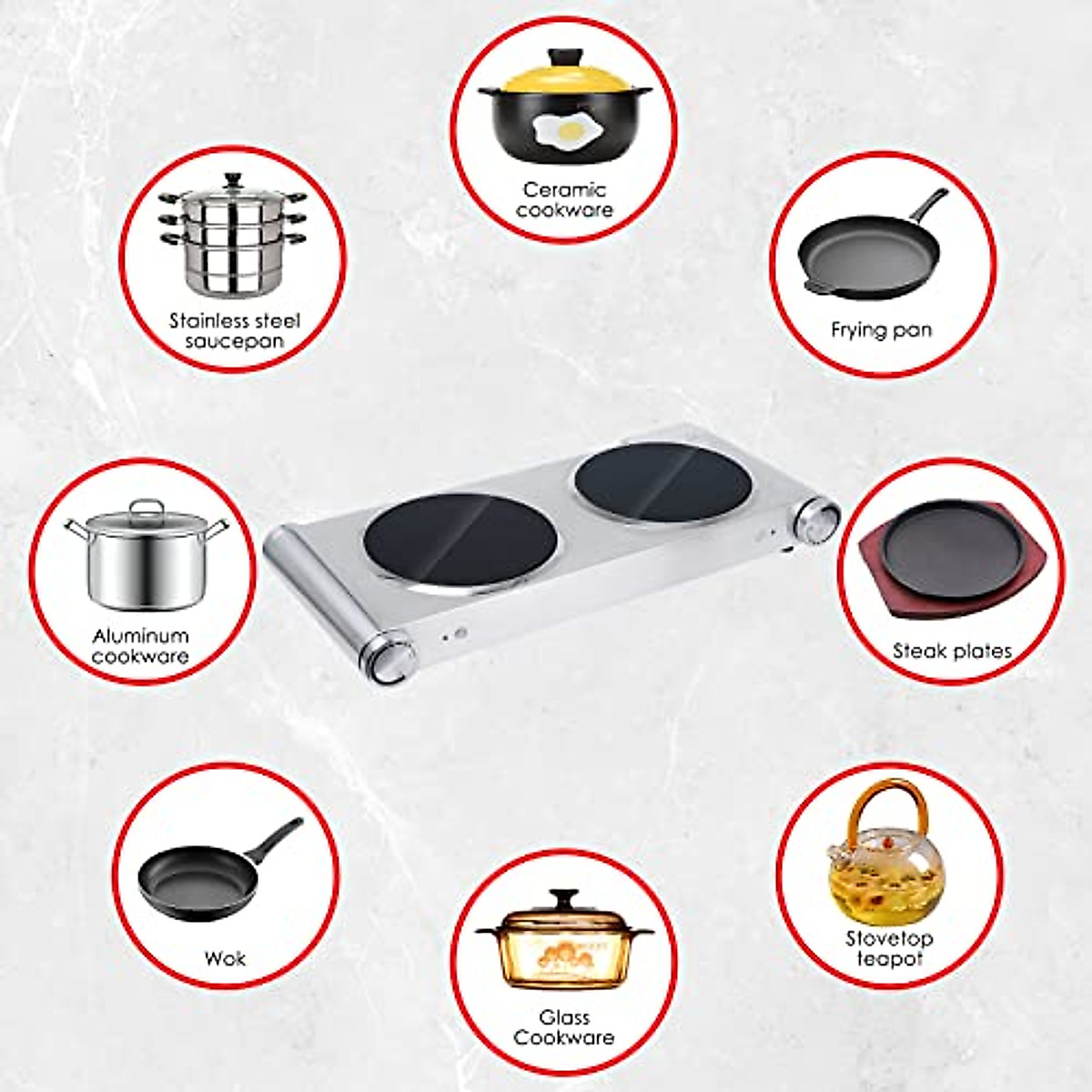 Davivy Double Hot Plate Electric Ceramic plate,1800W Infrared Cooktop 7inches 2 Burners for ALL Cookwares for Home/RV/Camp(silver,900W+900W) (Double Hot Plate)