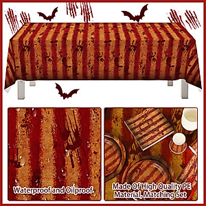 FULJOOY 4 Pcs Creepy Carnival Decorations Sets 2 Halloween Bloody Circus Backdrop and 2 Banner Waterproof Red and White Striped Tablecloth Halloween Striped Pennant Banner Horror Triangle Bunting Flag