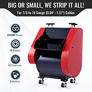 CREWORKS Automatic Wire Stripper with Wheels, 12 Channel Electric Wire Stripping Machine with Dual Roller for 7/0 to 18 Gauge Copper Wire, Scrap Cable Stripper Electrician Tool for Wire Recycling