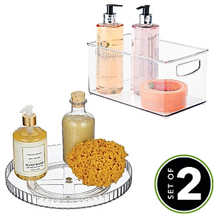 mDesign Plastic Stackable Bin with Handles and 11.5" Round Fluted Lazy Susan Turntable Plastic Spinner Combo Set for Organization in Bathroom, Closet, Cabinet, or Vanity Countertop - Set of 2 - Clear