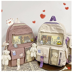 Zitouryo Kids Backpacks for Girls, Kawaii Backpack, Cute Bear Plush Pin Accessories Aesthetic School Bag for College Middle for Girls Teen (Pink Bookbag)