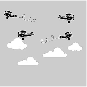 JUEKUI Airplane Wall Sticker Aircraft with Clouds Wall Decal for Baby Boys Bedroom Decoration Fighter Airplane Wall Decor WS65 (Black and White)