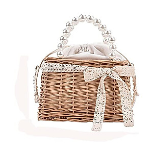 ZHYLing Handmade Woven Purse Wicker Beach Handbag Fashion Women Pure Color Rattan Woven Pearl Basket Handbag Mini Tote Lunch Bags (Color : 4)