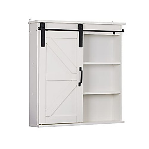 PHI VILLA Farmhouse Bathroom Wall Cabinet with Sliding Barn Door Medicine Storage Cabinet Wall Mounted with 3-Tier Rustic Storage Cabinet for Bathroom Furniture, White(Bathroom Shelves Included)