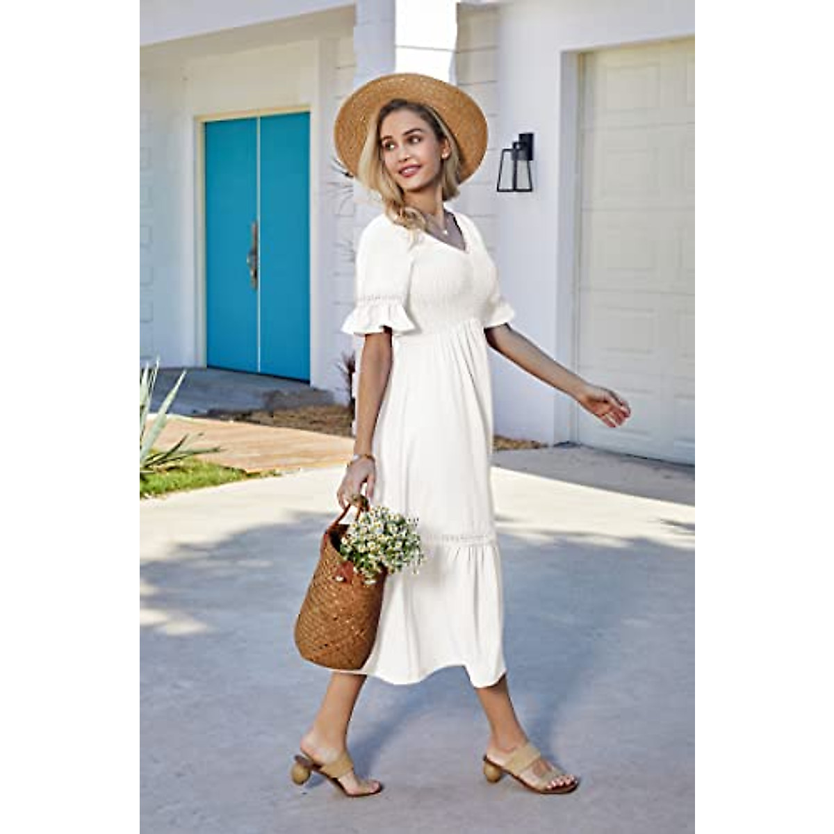 GRACE KARIN Women's V Neck Short Bell Sleeve Smocked Tiered Dress Elastic Waist Lace Patchwork Ruffle Dress White XL