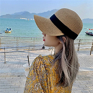 Summer Visor Hats for Women Foldable Floppy Solid Color Straw Sun Hat Travel Beach Baseball Cap (Khaki)