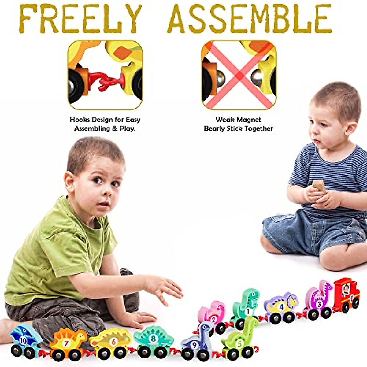 WOODMAM Wooden Dinosaur Number Train, Montessori Toy Train Set with Storage Bag, Educational Toy Gift for Baby Toddler Boys Girls Age 1 2 3 Years Old