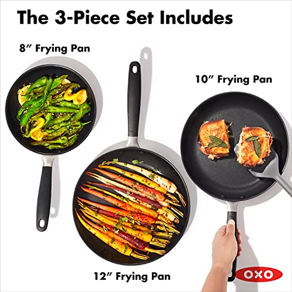 OXO Good Grips 8" 10" and 12" Frying Pan Skillet Set, 3-Layered German Engineered Nonstick Coating, Stainless Steel Handle with Nonslip Silicone, Black