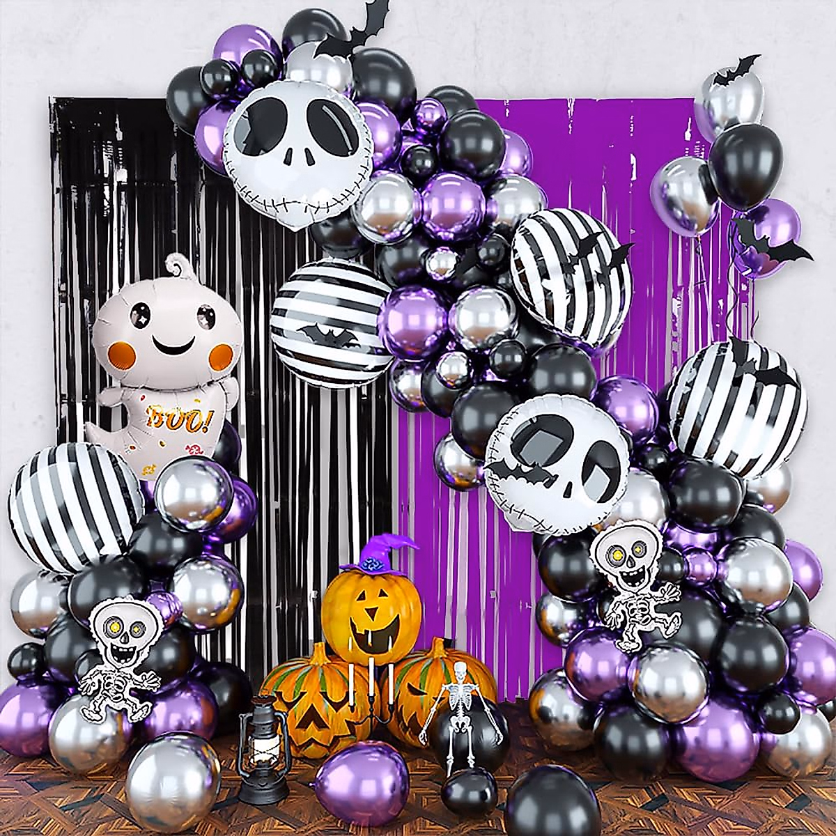 AIBIIN 87pcs Halloween Balloon Garland Arch Kit Halloween Party Balloons Halloween Balloons Decorations Purple Black Foil Fringe Curtain Halloween Spooky Birthday Baby Shower Backdrop Balloon Kit