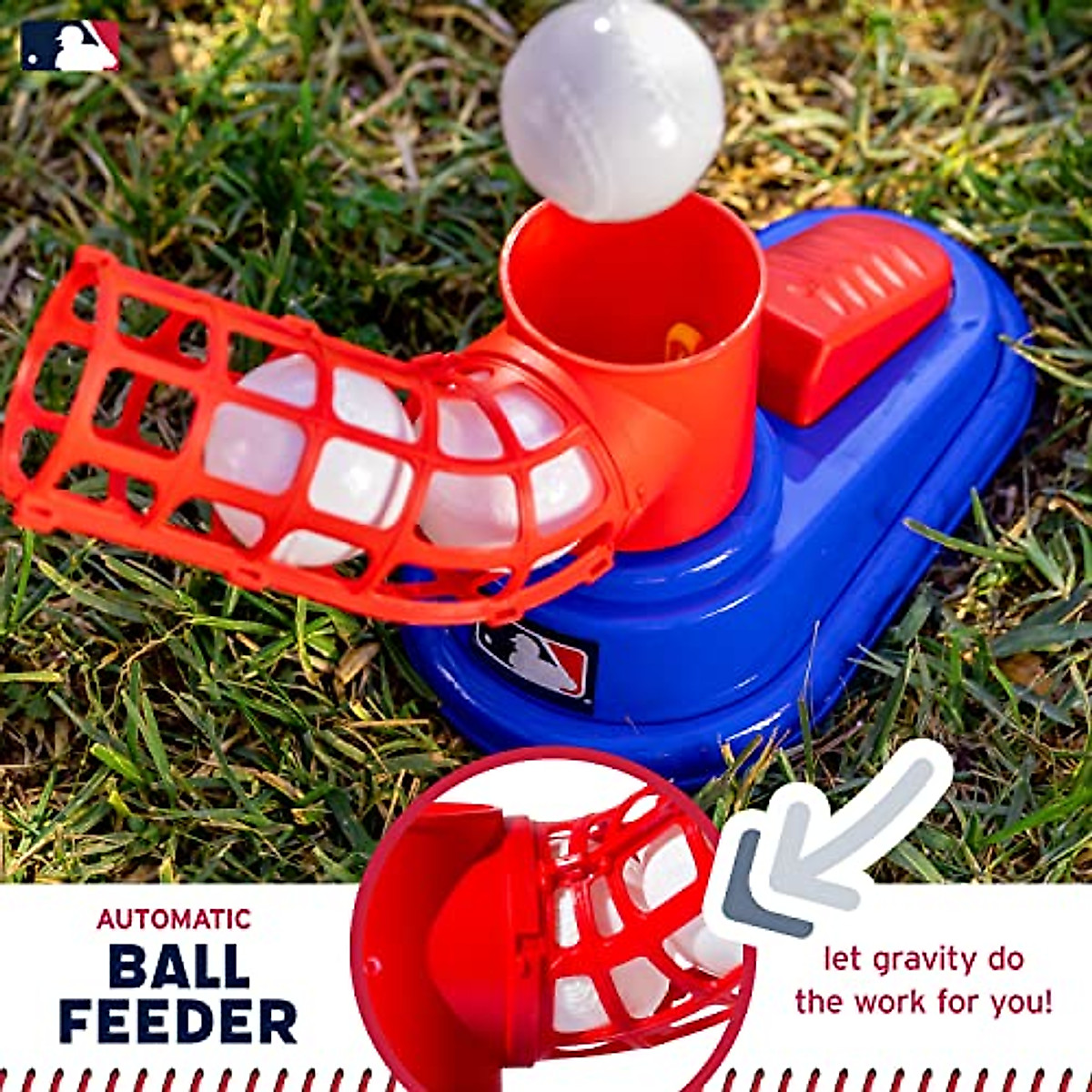 Franklin Sports Kids Baseball Pitching Machine - Pop A Pitch Baseball Batting Machine with Youth Bat + 3 Plastic Baseballs - Boys + Girls Baseball Toy,Red/Blue