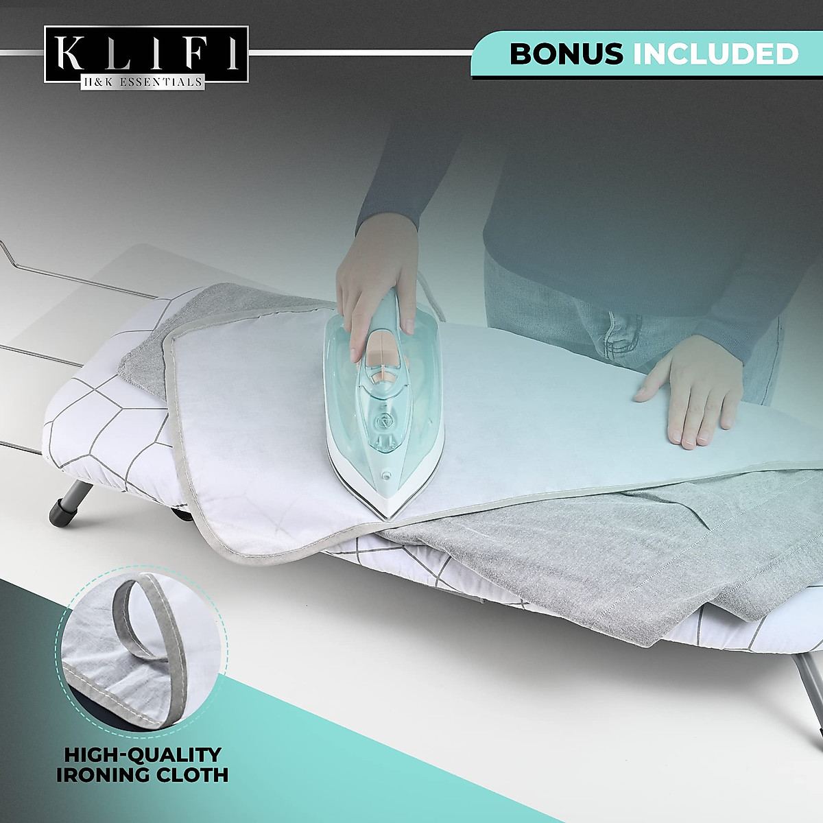 KLIFI Small Ironing Board Hanger Wall Mount Table Top Iron Board with Adjustable Legs Foldable with Built-in Iron Rest, Ironing Cloth Compact and Lightweight - Grey