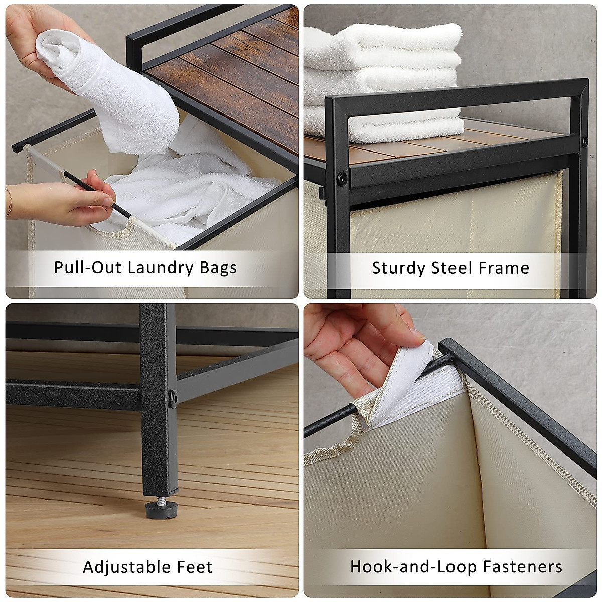 Graciadeco Pull Out Laundry Hamper 3 Compartment Laundry Sorter with Shelf 3 Section Laundry Basket with 3 x 16 Gallons Removable Bags, Beige