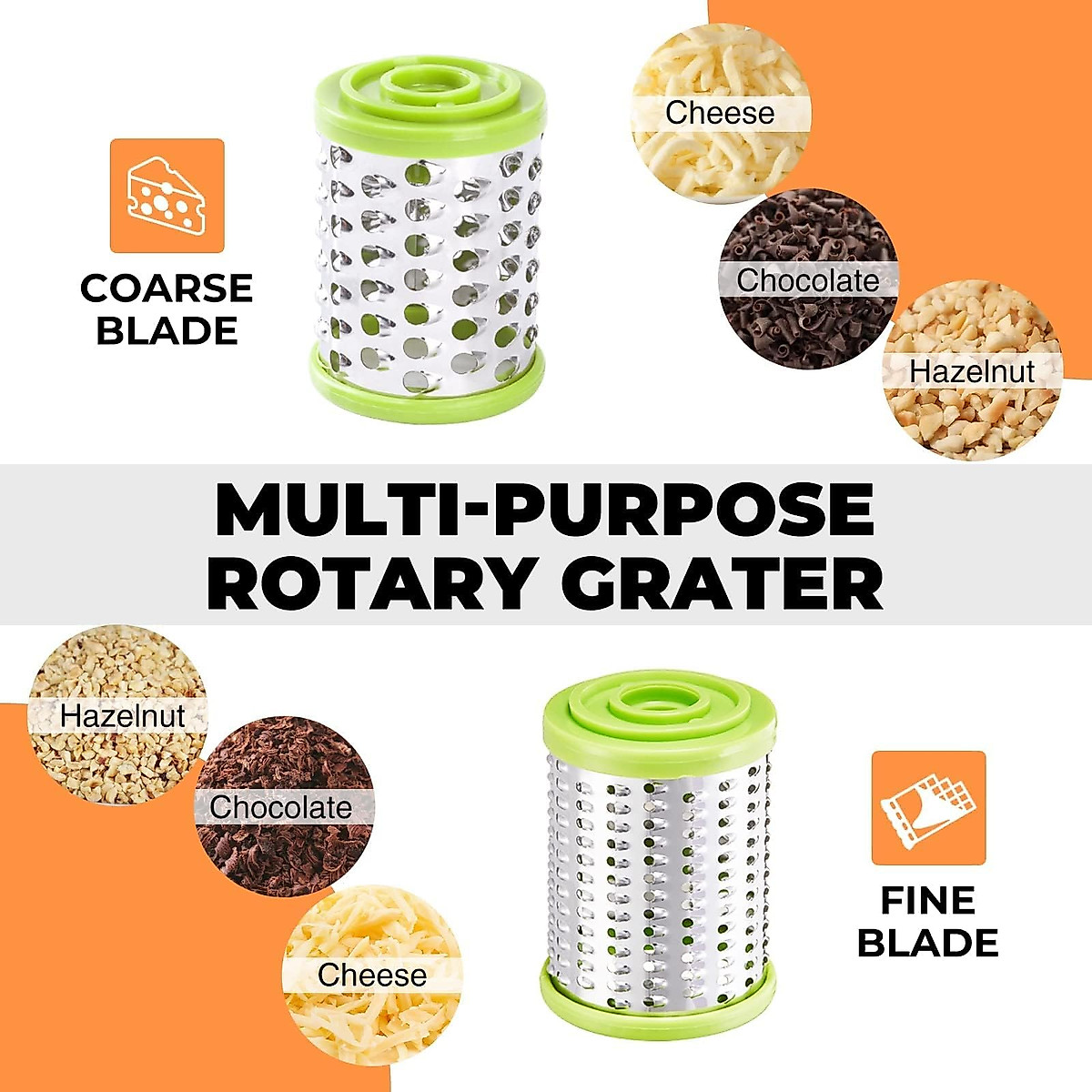 KucheCraft Cheese Grater with Handle, Kitchen Parmesan Cheese Grater with 2 Stainless Steel Drums, Rotary Cheese Grater Handheld for Grating and Shredding Hard Cheese, Chocolate