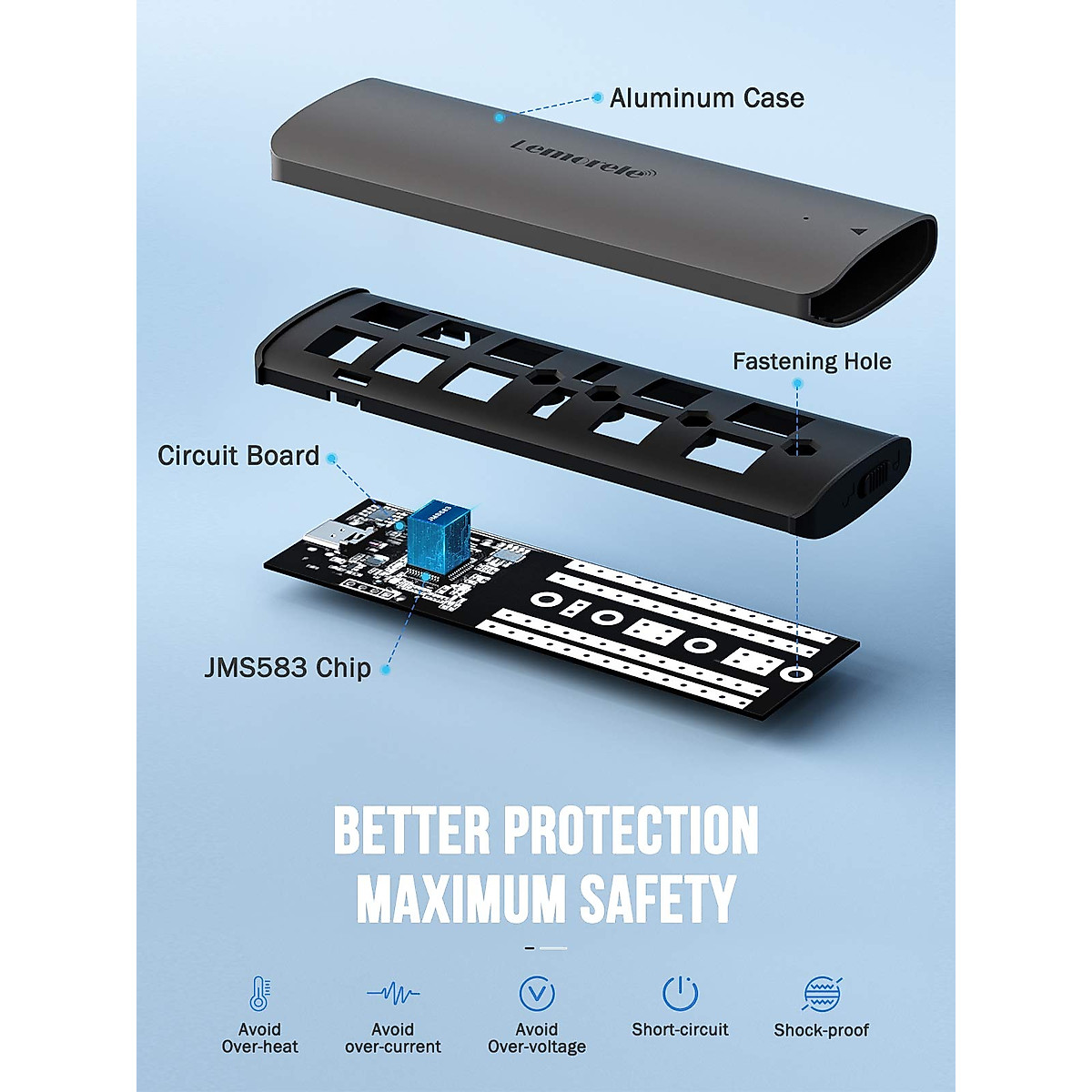 Lemorele M.2 NVMe SSD Enclosure Tool Free USB C External PCIe B+M/M-Key Hard Drive Enclosure 10Gbps USB 3.1 Gen 2 M.2 Reader Support Max 2TB w/UASP Trim, for 2230/2242 /2260/2280 SSDs, Aluminum