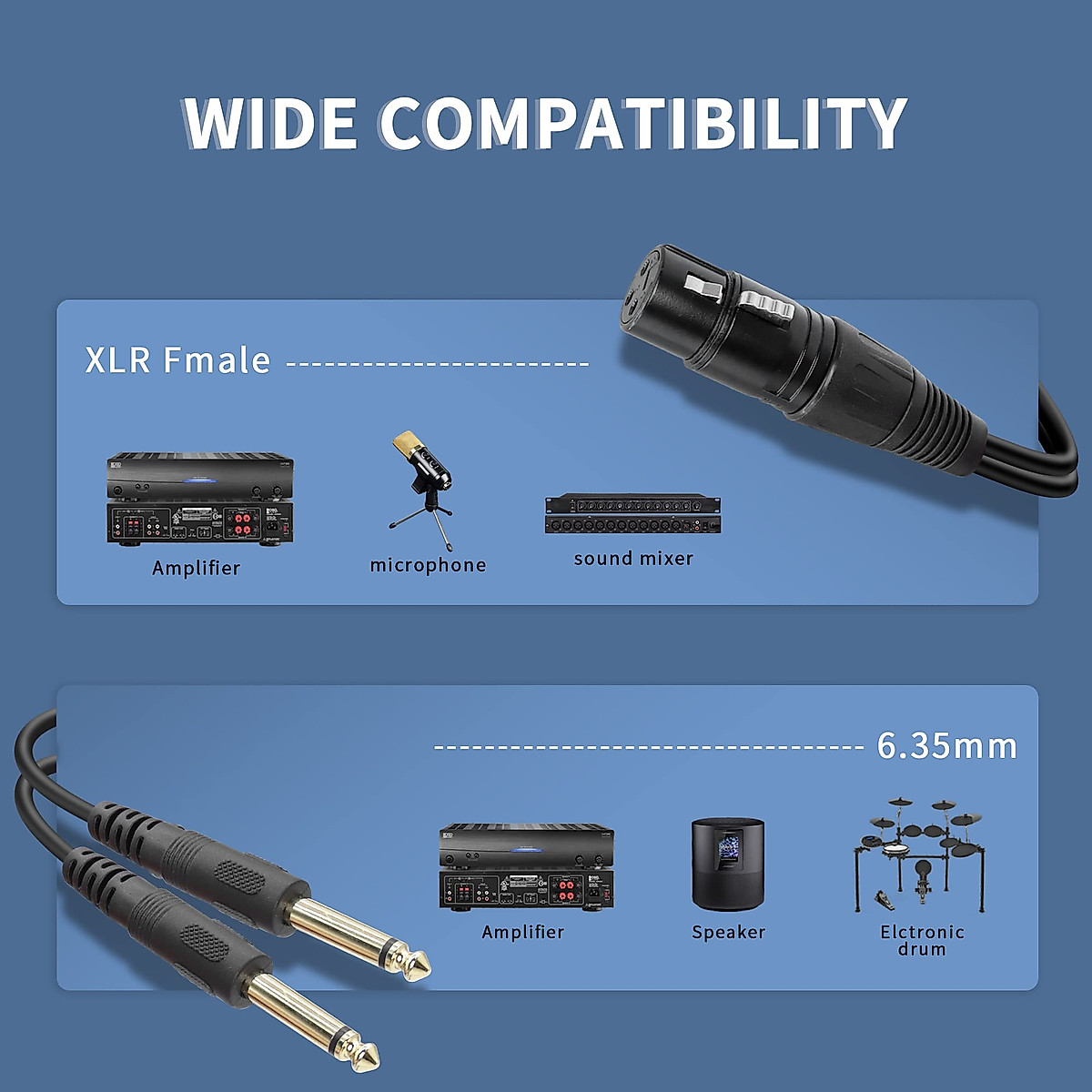 QIANRENON XLR Female to Dual TS 1/4 Stereo Splitter Cable 3-Pin XLR to Dual 6.35mm Mono Y Splitter Conversion Extension Audio Cable,for Microphone Guitars Amplifier Mixer,1m/3.2ft