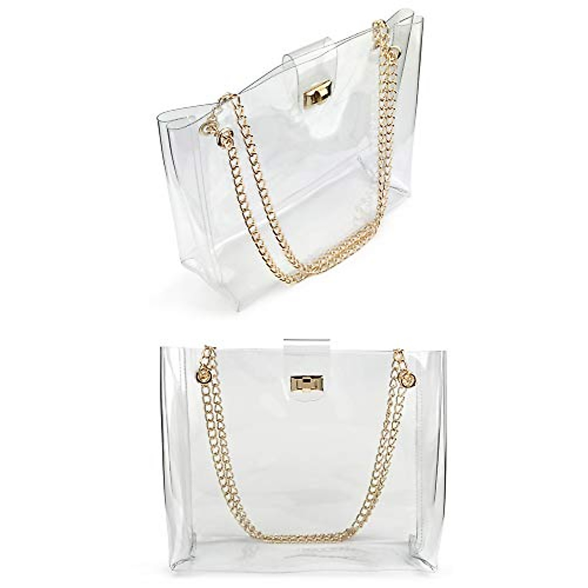 Multifunction Clear Chain Tote with Turn Lock Womens Shoulder Handbag (Clear)