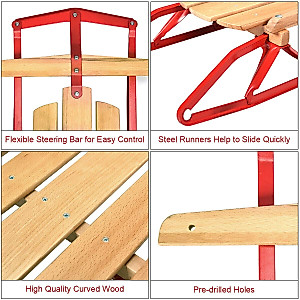 Caraya Vintage Design Steel Wooden Snow Kids Sled Winter Toboggan Board Skiing Rope Pad with Metal Runners and Steering Bar Steering Slider Outdoor 54 Inch