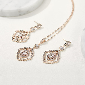 SWEETV Wedding Jewelry for Bride, Rose Gold Necklace and Earrings Jewelry Set, Bridal Jewelry Set for Wedding Party Costume