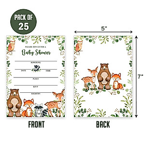 Yuzioey Woodland Baby Shower Invitations, 25 Pack Woodland Greenery Invitations Macthing Envelpoes, Diaper Raffle Tickets, Book Request Cards, Forest Creatures Invitations