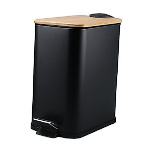 Step Trash Can with Bamboo Lid Kitchen Wastebasket Rubbish Container Modern Foot Pedal Garbage Bin for Sunroom Entryway Home, Black