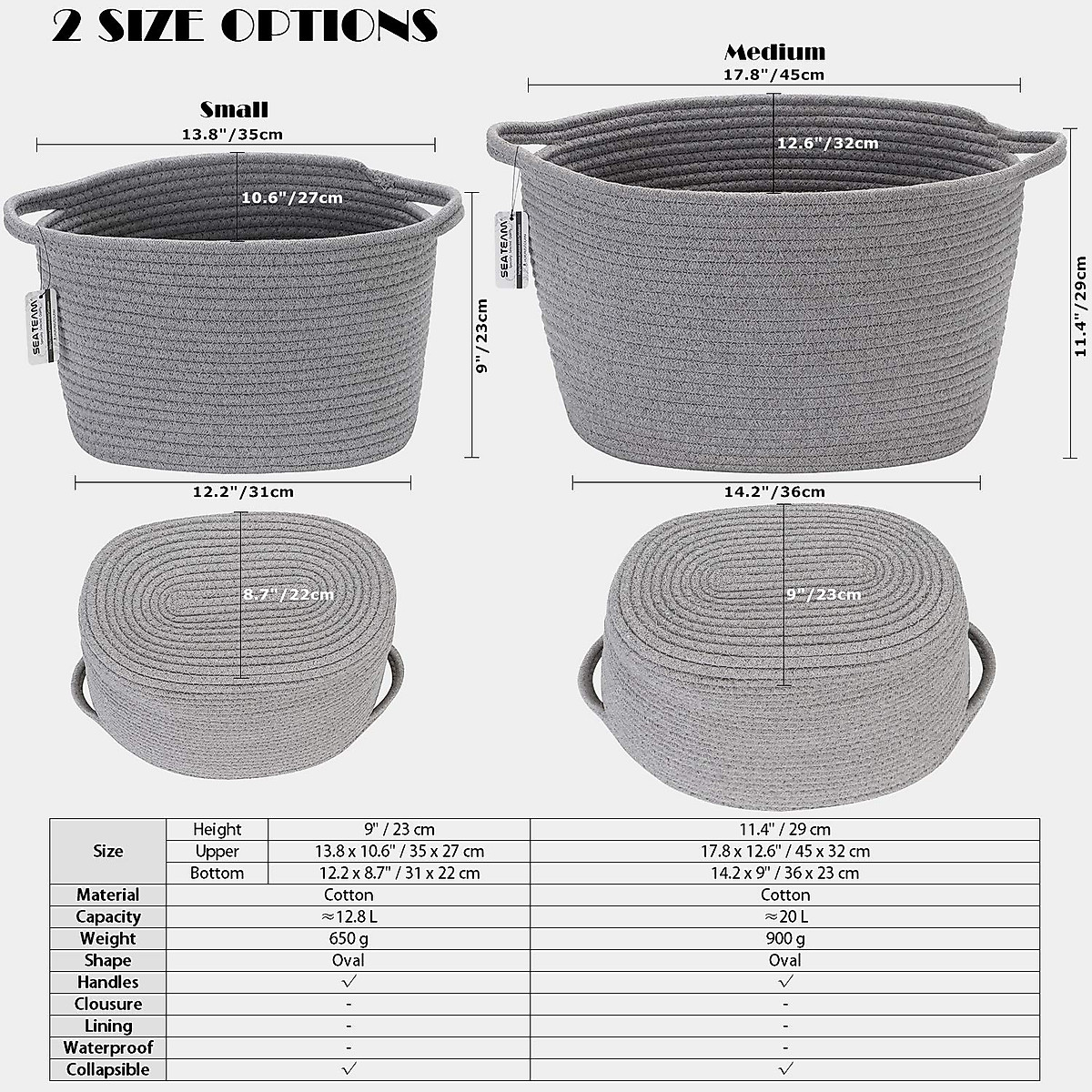 Sea Team Oval Cotton Rope Woven Storage Basket with Handles, Diaper Caddy, Nursery Nappies Organizer, Baby Shower Basket for Kid's Room, 14.2 x 9 x 11.4 Inches (Medium Size, Black)